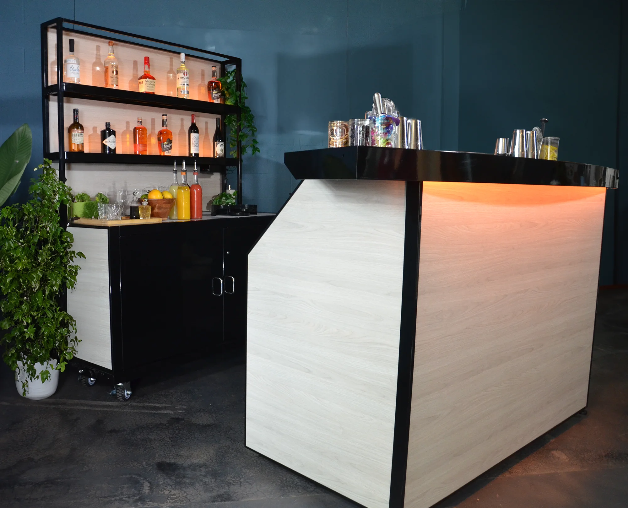 Professional Bar Curved Counter Fold Roll Back Bar Italian Silver Ash Laminate The Portable Bar Company